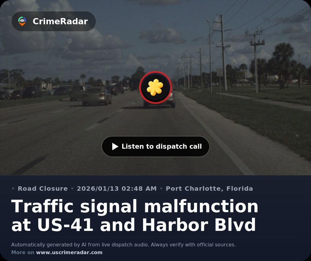 Traffic signal malfunction at US-41 and Harbor Blvd, Port Charlotte FL ...