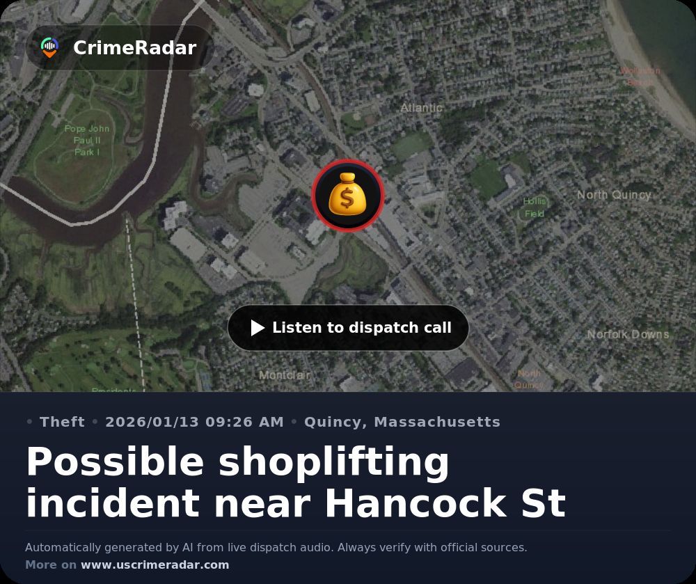 Possible shoplifting incident near Hancock St, Quincy MA | CrimeRadar