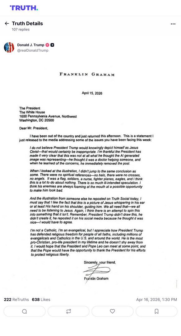 From Donald Trump Truth Social April 16, 2026 04:30 PM ET. - NewsBreak