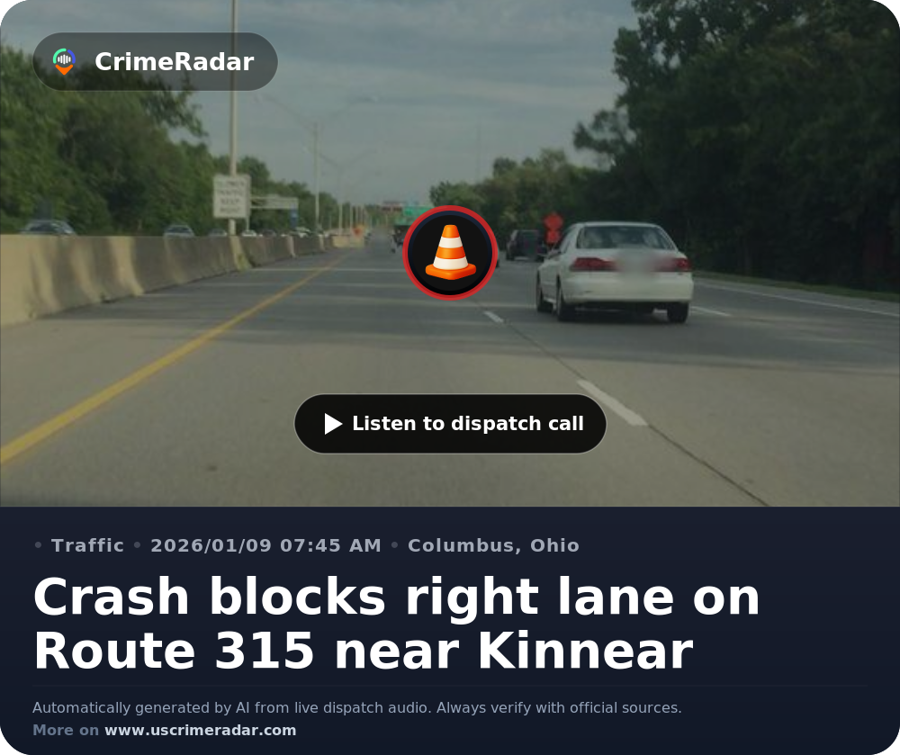 Crash blocks right lane on Route 315 near Kinnear, Columbus OH | CrimeRadar