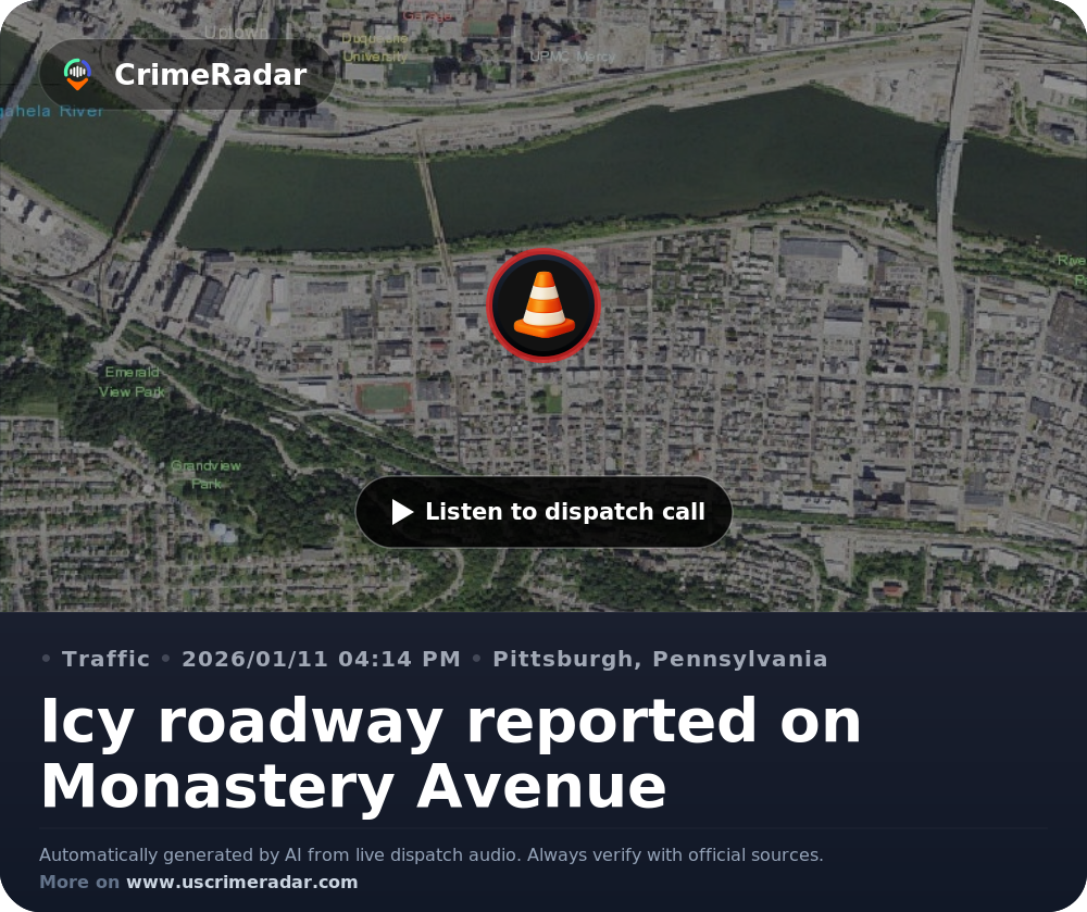 Icy roadway reported on Monastery Avenue, Pittsburgh PA | CrimeRadar