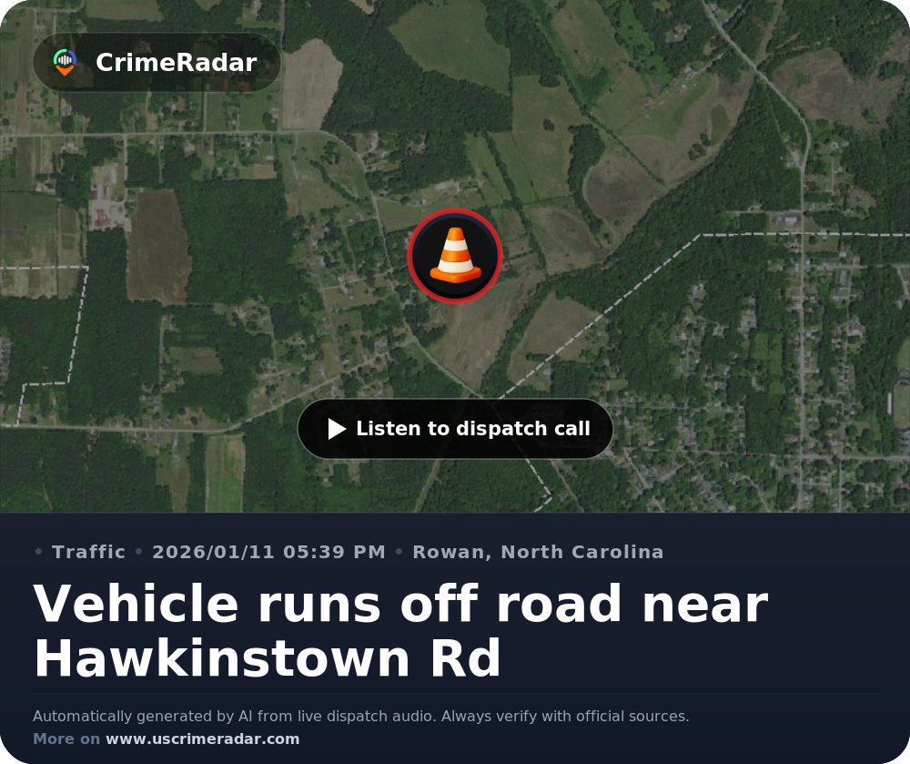 Vehicle runs off road near Hawkinstown Rd, Rowan County NC | CrimeRadar