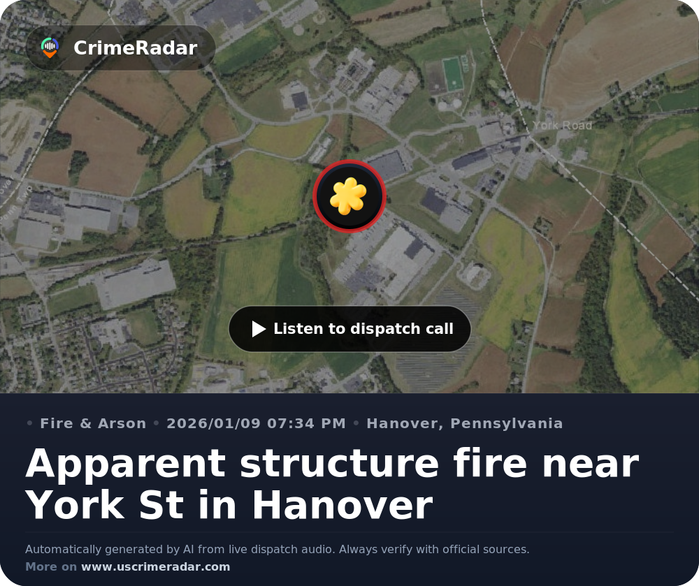 Apparent structure fire near York St in Hanover, Hanover PA | CrimeRadar