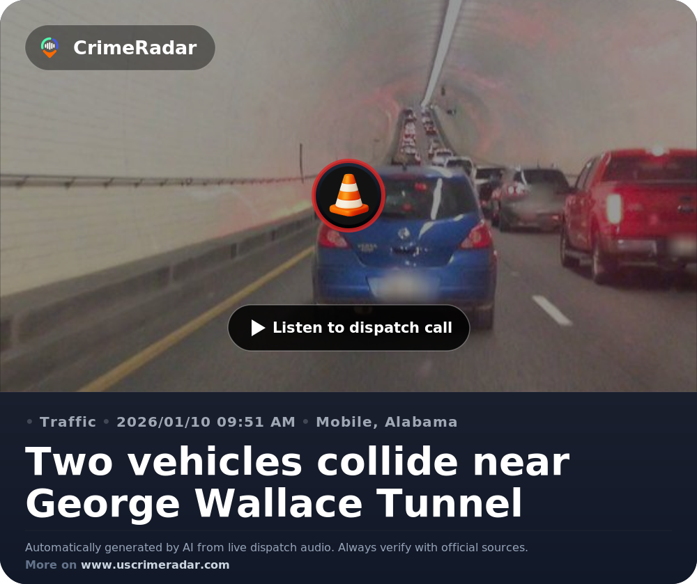 Two vehicles collide near George Wallace Tunnel, Mobile AL | CrimeRadar