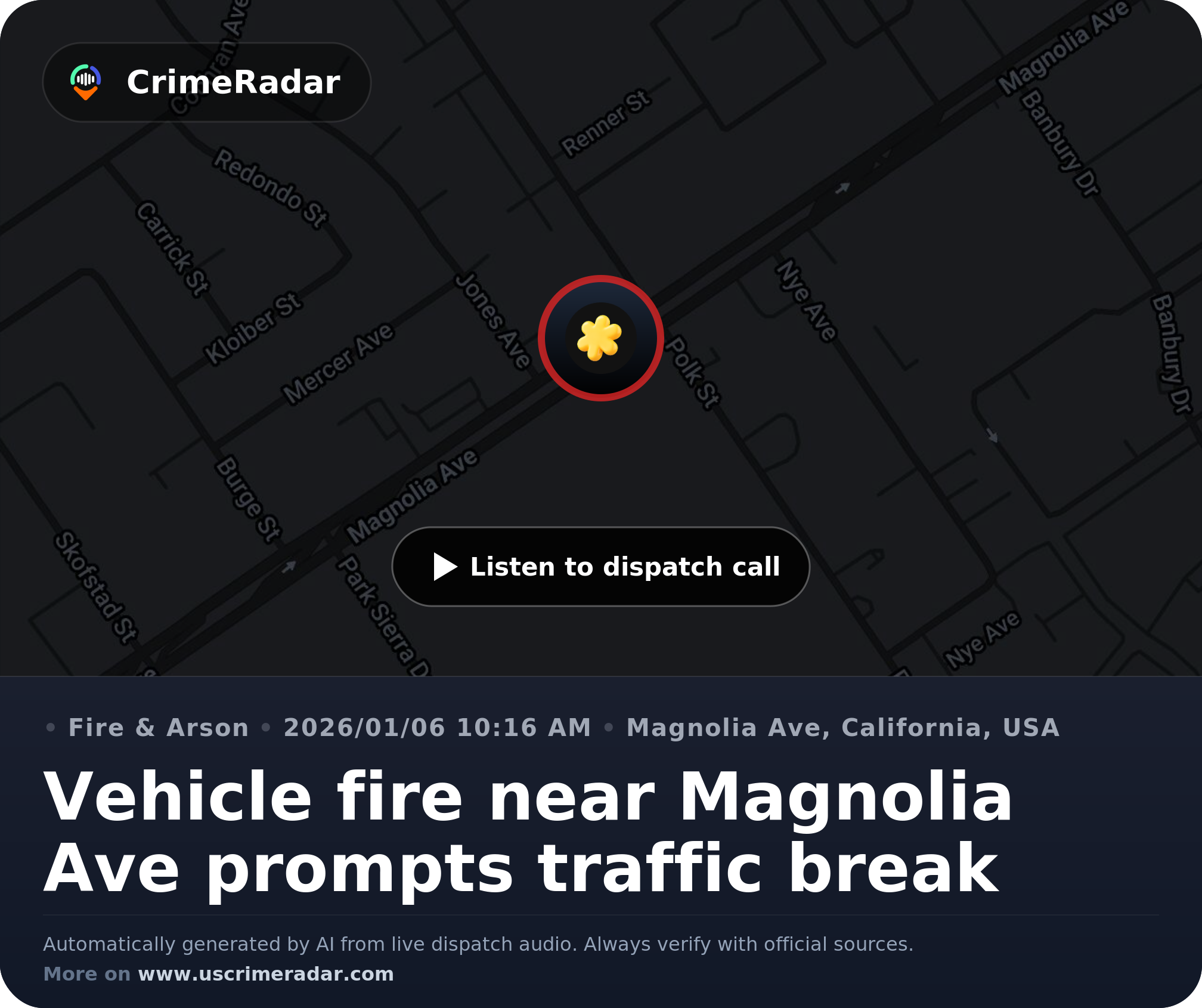 Vehicle fire near Magnolia Ave prompts traffic break, Riverside County ...