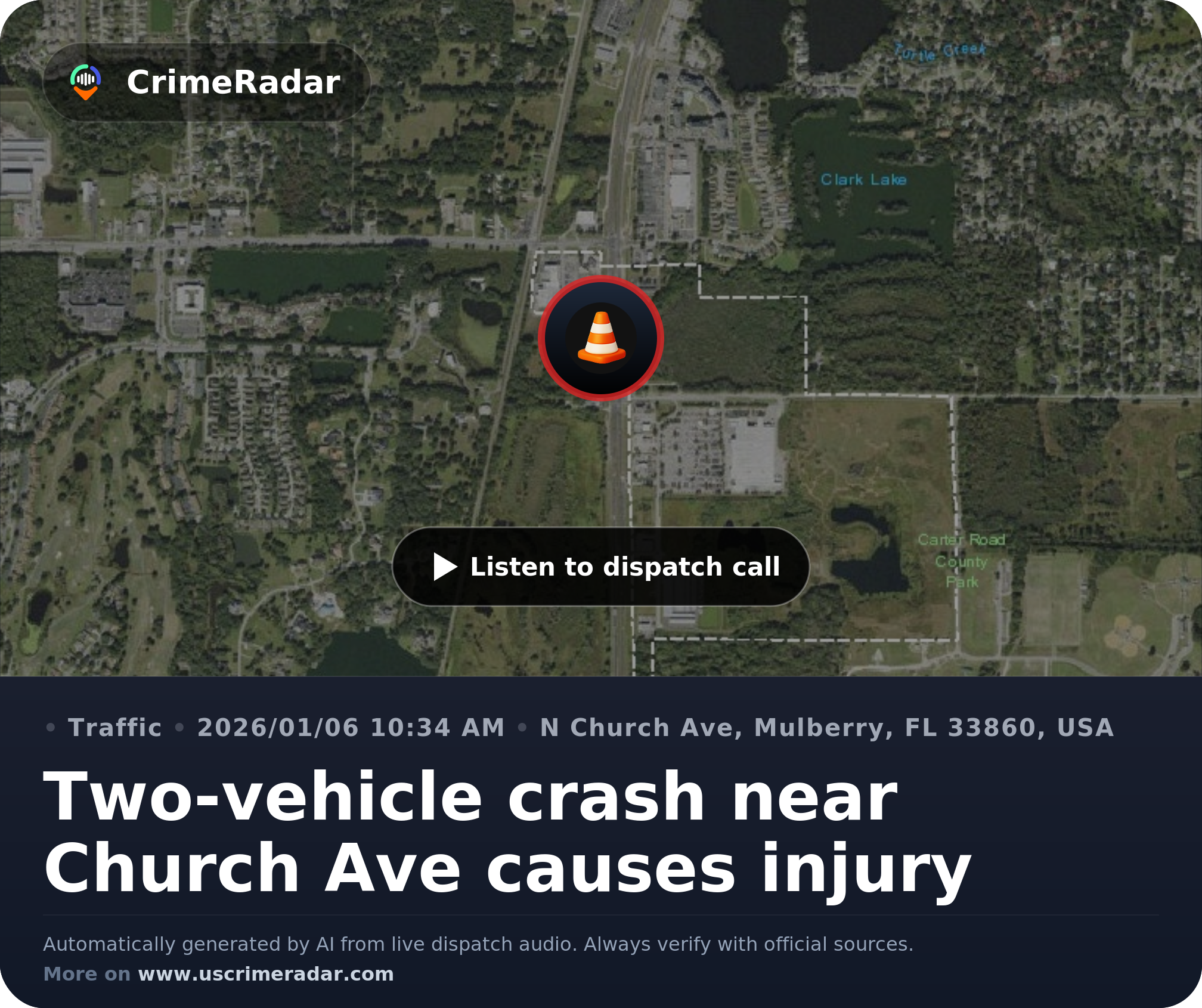 Two-vehicle crash near Church Ave causes injury, Mulberry FL | CrimeRadar
