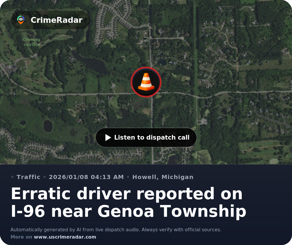 Erratic driver reported on I-96 near Genoa Township, Howell MI | CrimeRadar