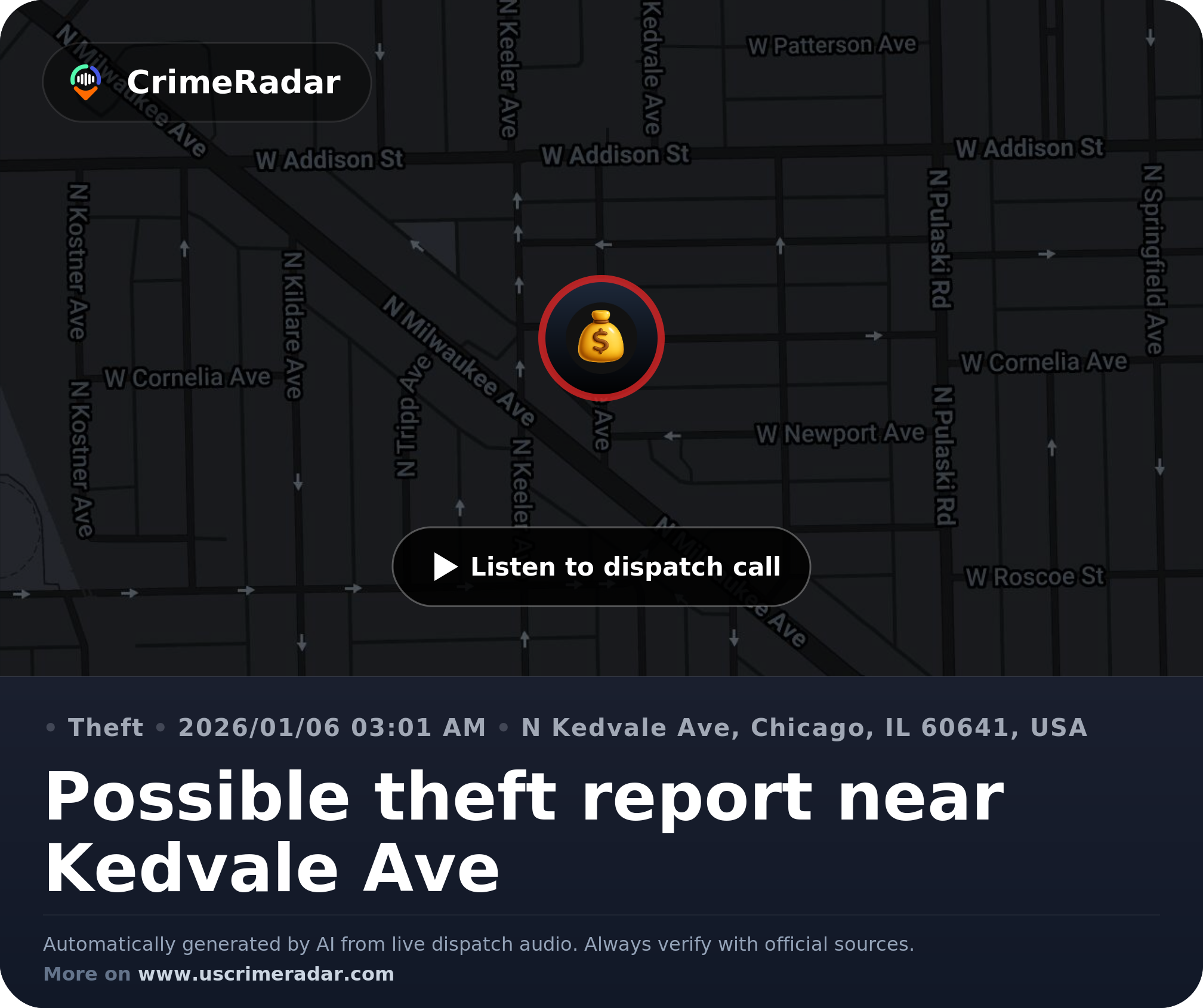 Possible theft report near Kedvale Ave, Chicago IL | CrimeRadar
