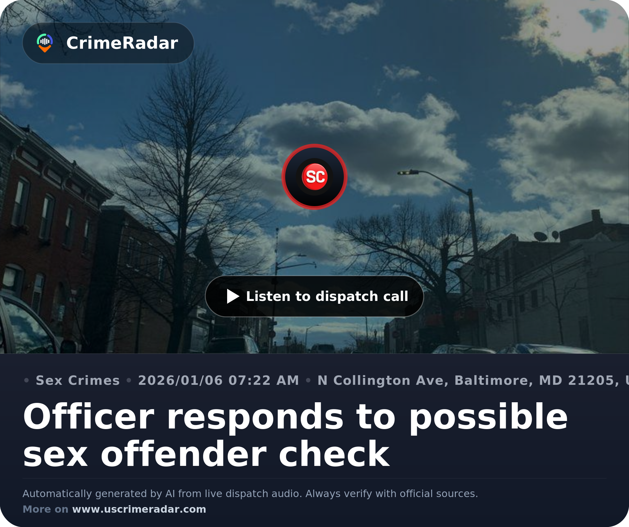 Officer responds to possible sex offender check, Baltimore MD | CrimeRadar