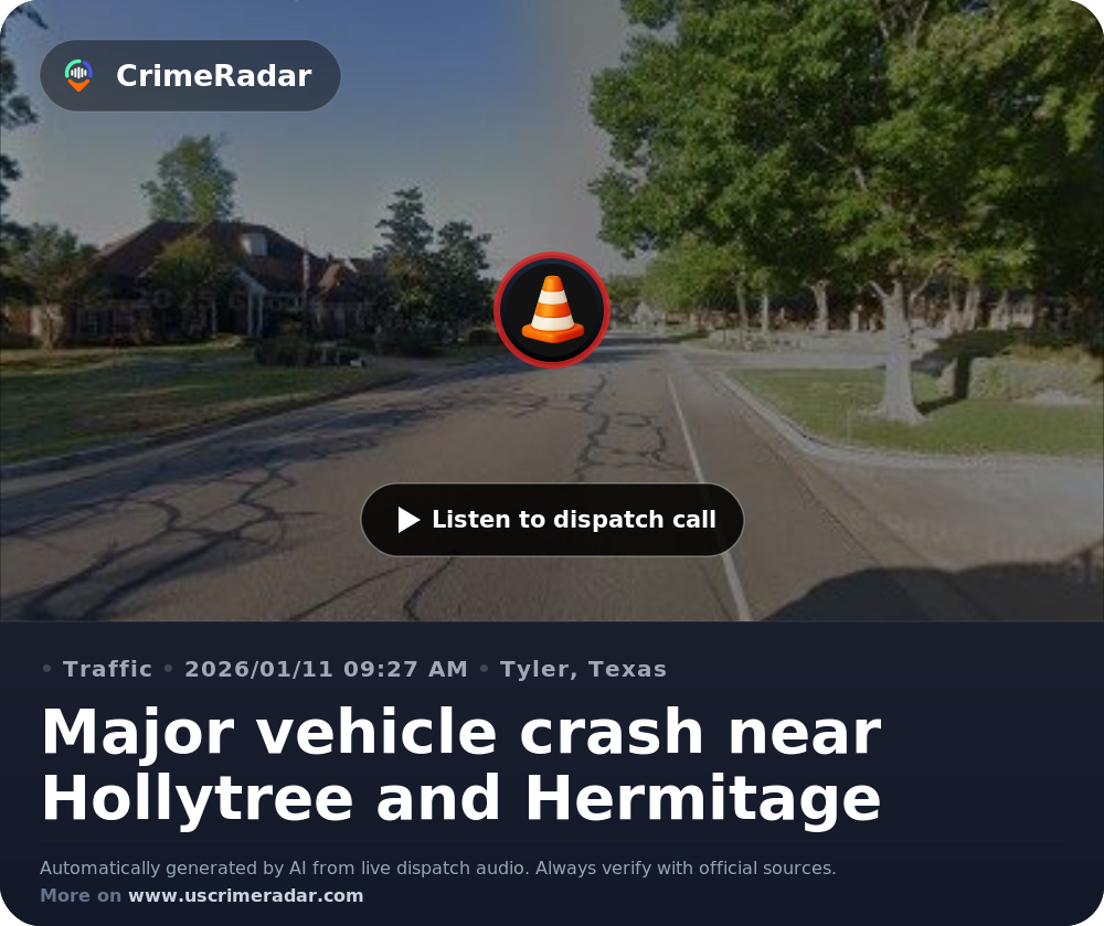 Major vehicle crash near Hollytree and Hermitage, Tyler TX | CrimeRadar