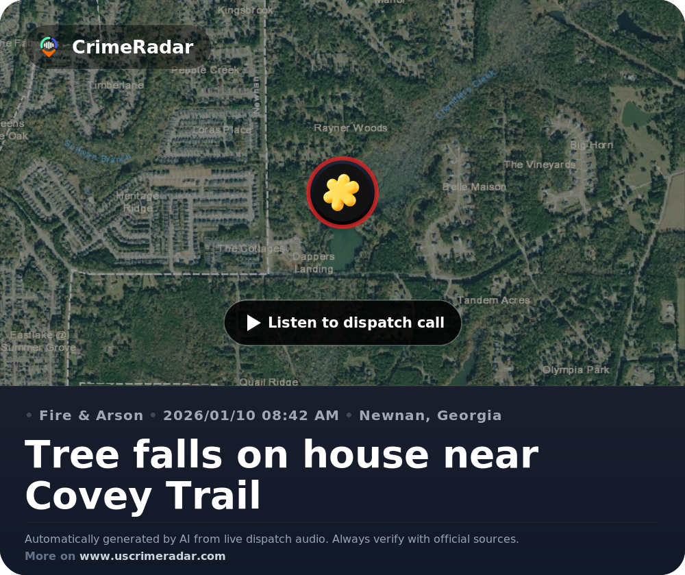 Tree falls on house near Covey Trail, Newnan GA | CrimeRadar