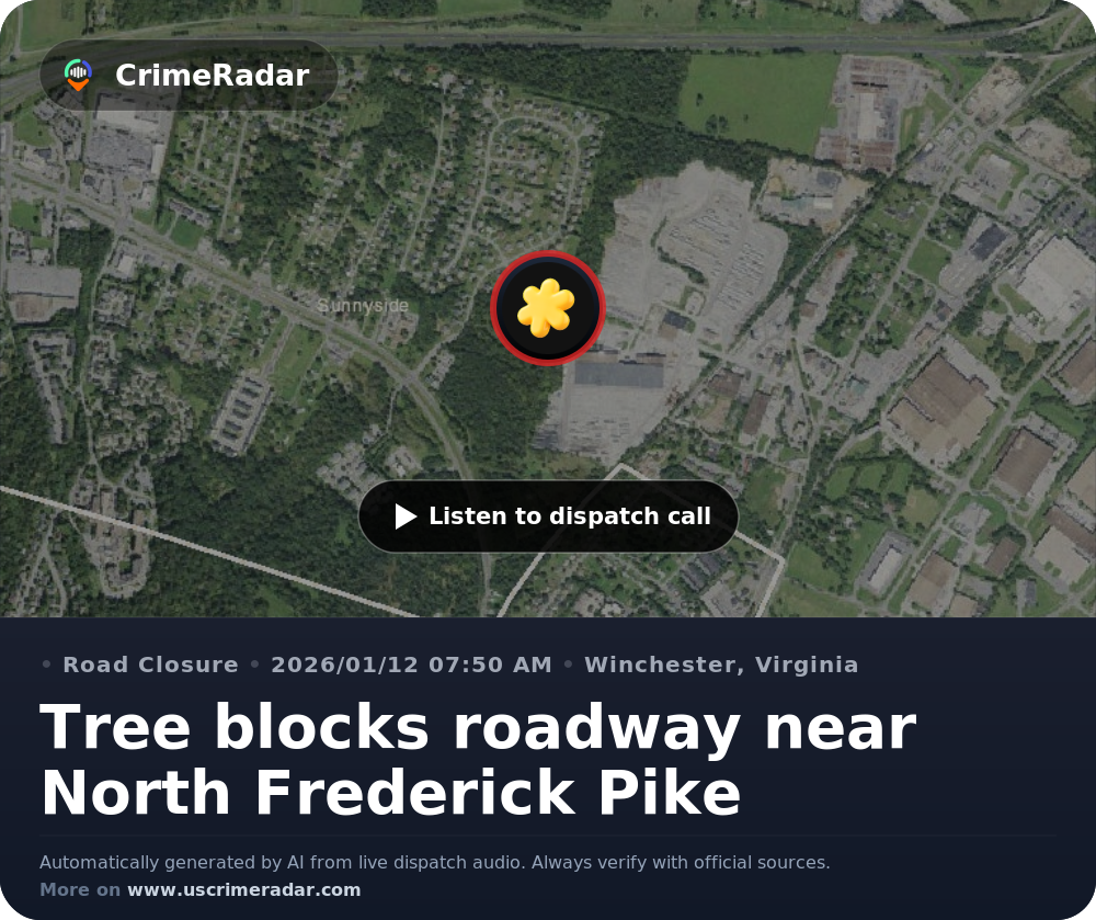 Tree blocks roadway near North Frederick Pike, Winchester VA | CrimeRadar