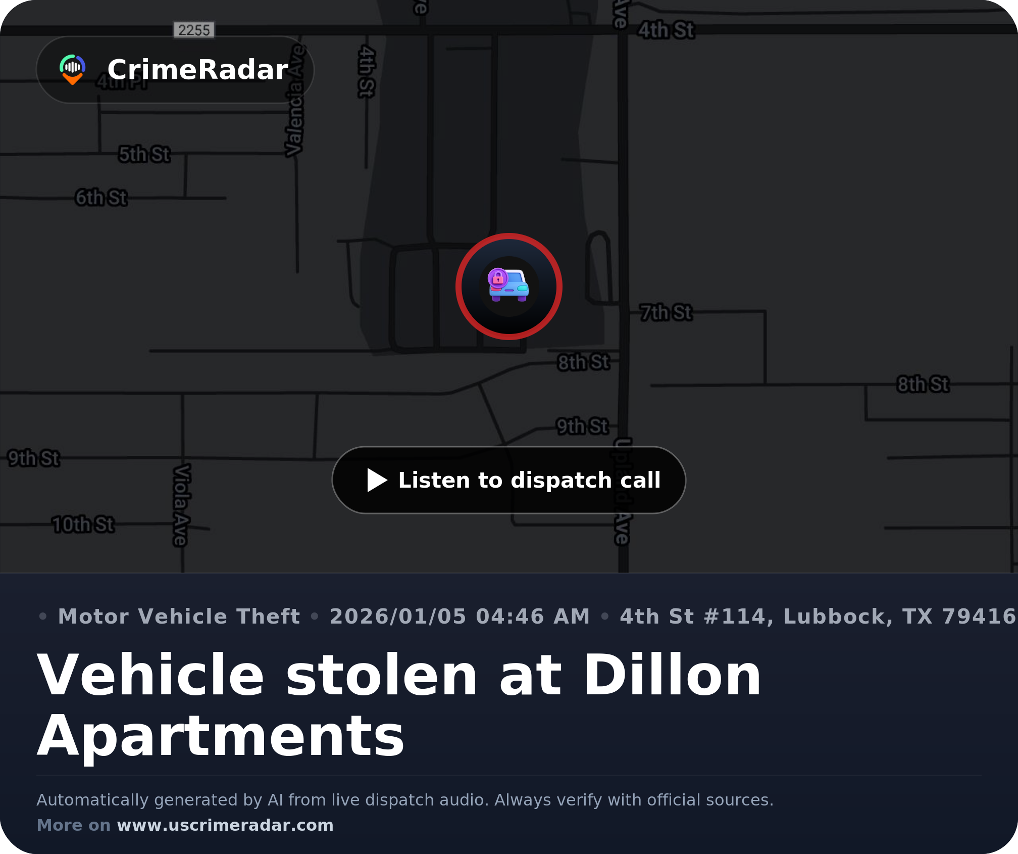 Vehicle stolen at Dillon Apartments, Lubbock TX | CrimeRadar